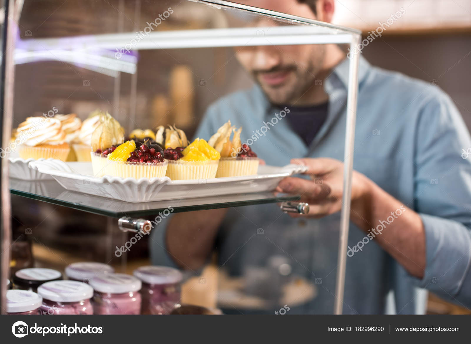 Selective Focus Barista Taking Pastry Out Box Coffee Shop Stock Photo ...