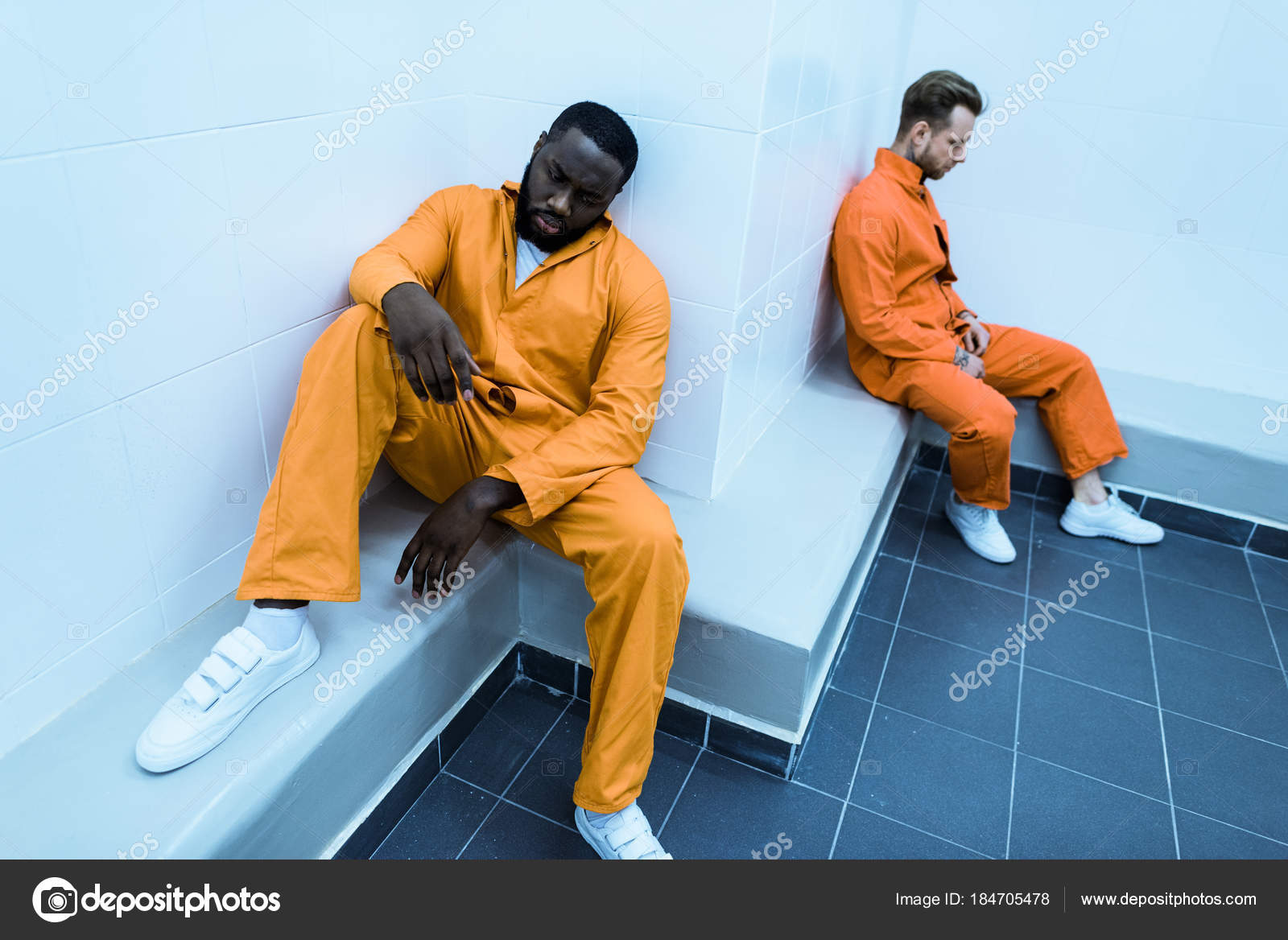 High Angle View Multicultural Prisoners Sitting Benches Prison Cell ...