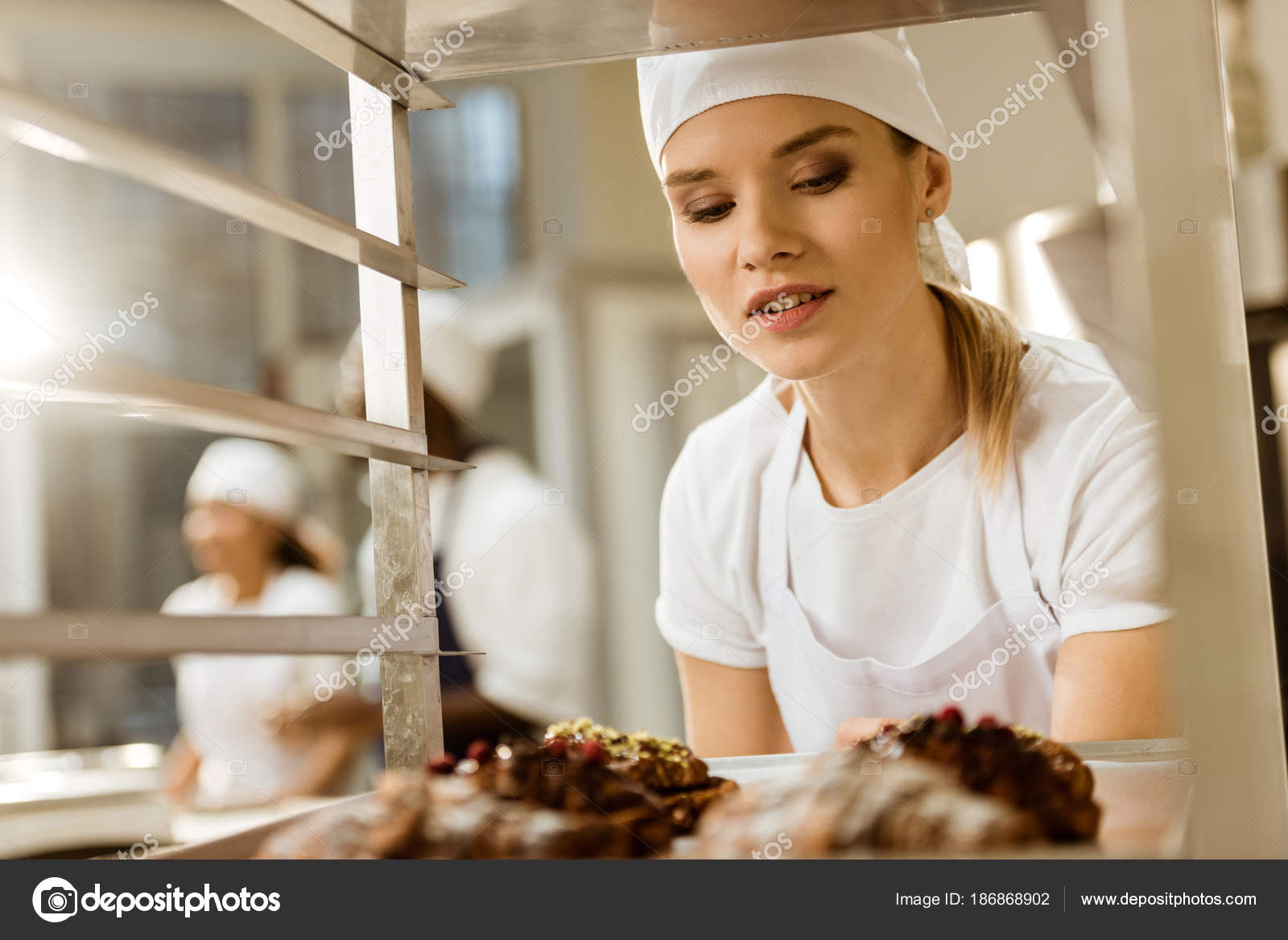 Beautiful Female Baker Looking Tray Freshly Baked Croissants Baking ...