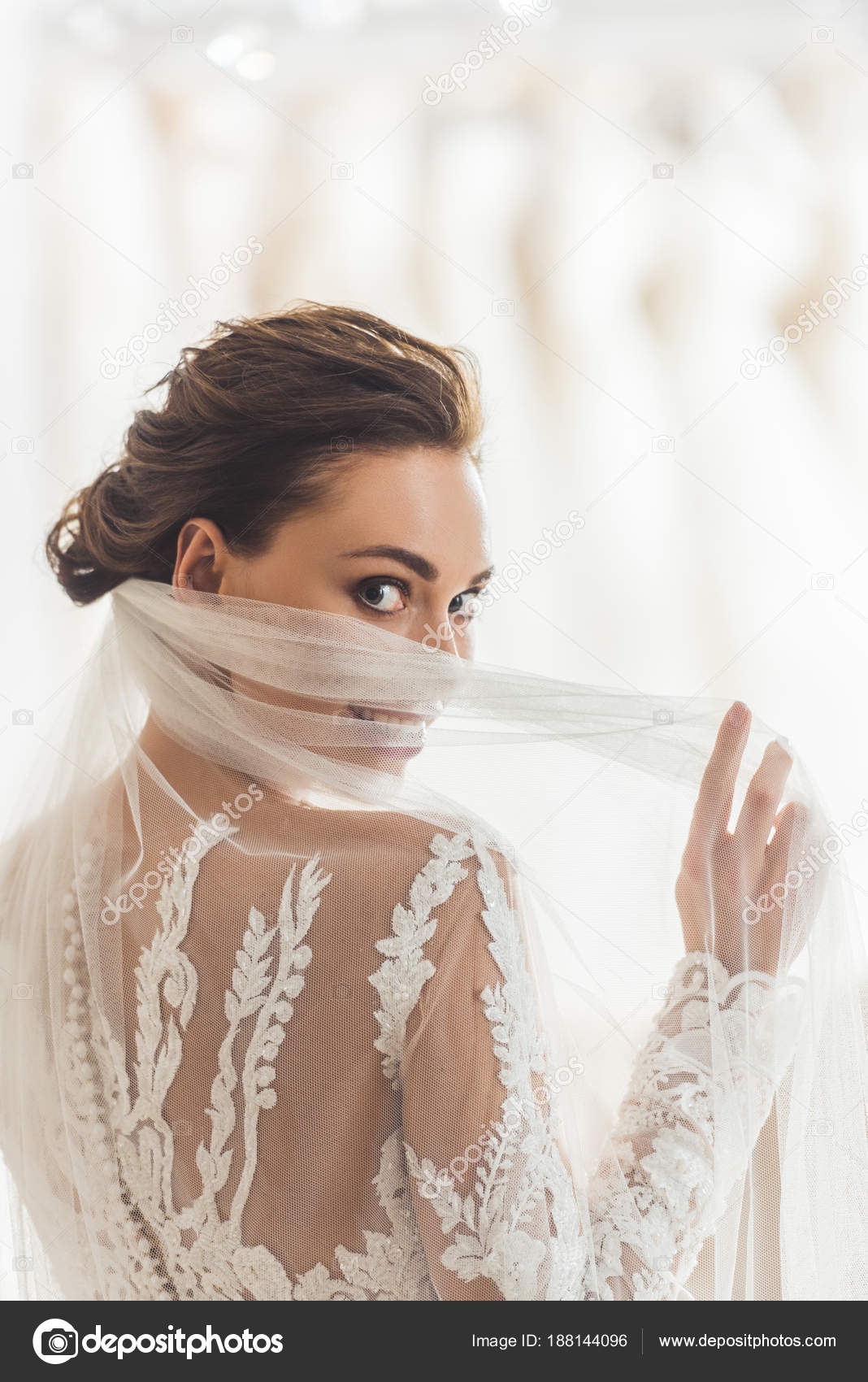Beautiful Tender Bride Wearing Dress Wedding Atelier Stock Photo by ...