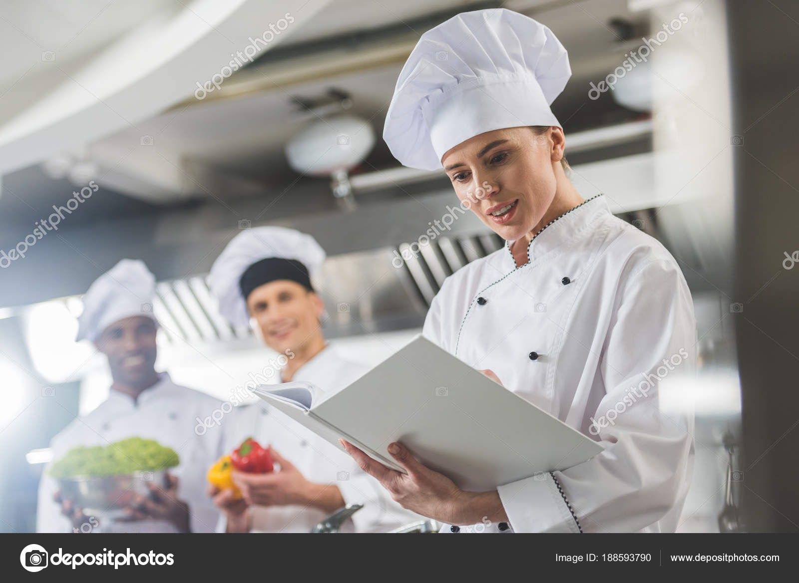 Attractive Chef Reading Recipe Restaurant Kitchen — Stock Photo ...