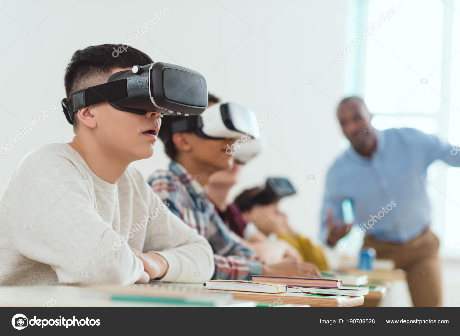 Side View Multicultural Schoolchildren Using Virtual Reality Headsets ...