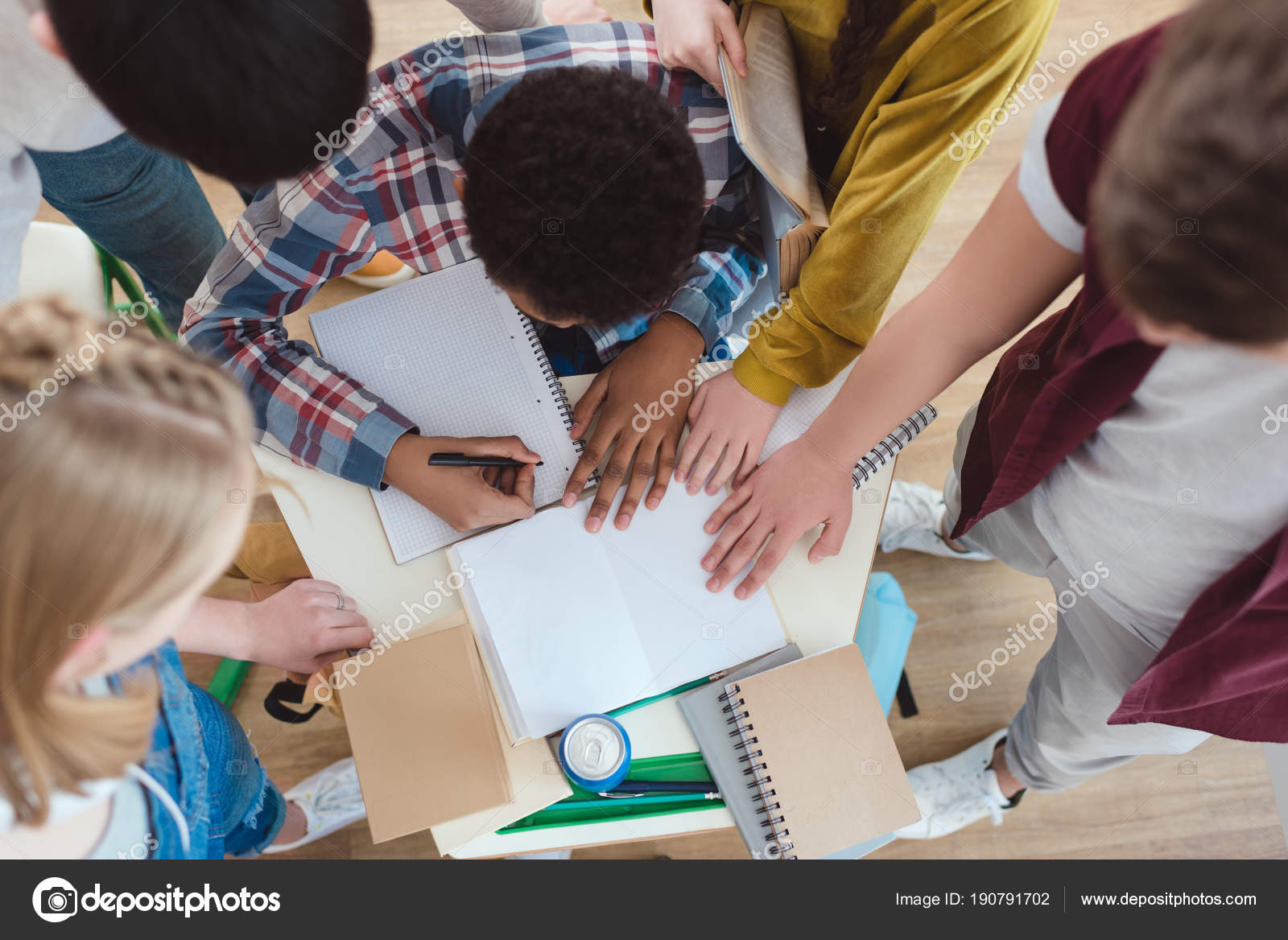 Top View High School Students Helping Classmate Homework Stock Photo by ...