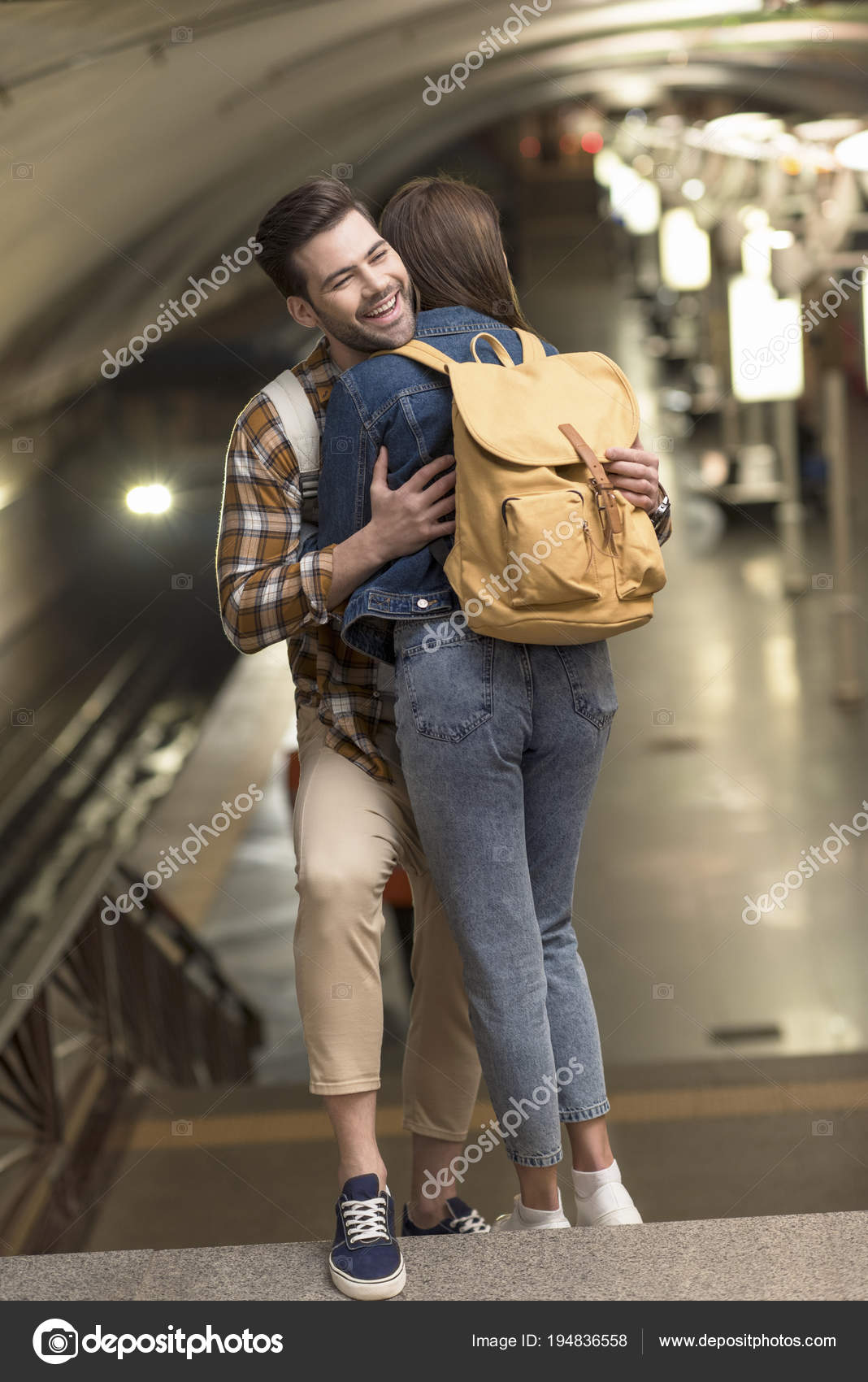 Stylish Male Tourist Backpack Hugging Girlfriend Subway Station — Stock ...