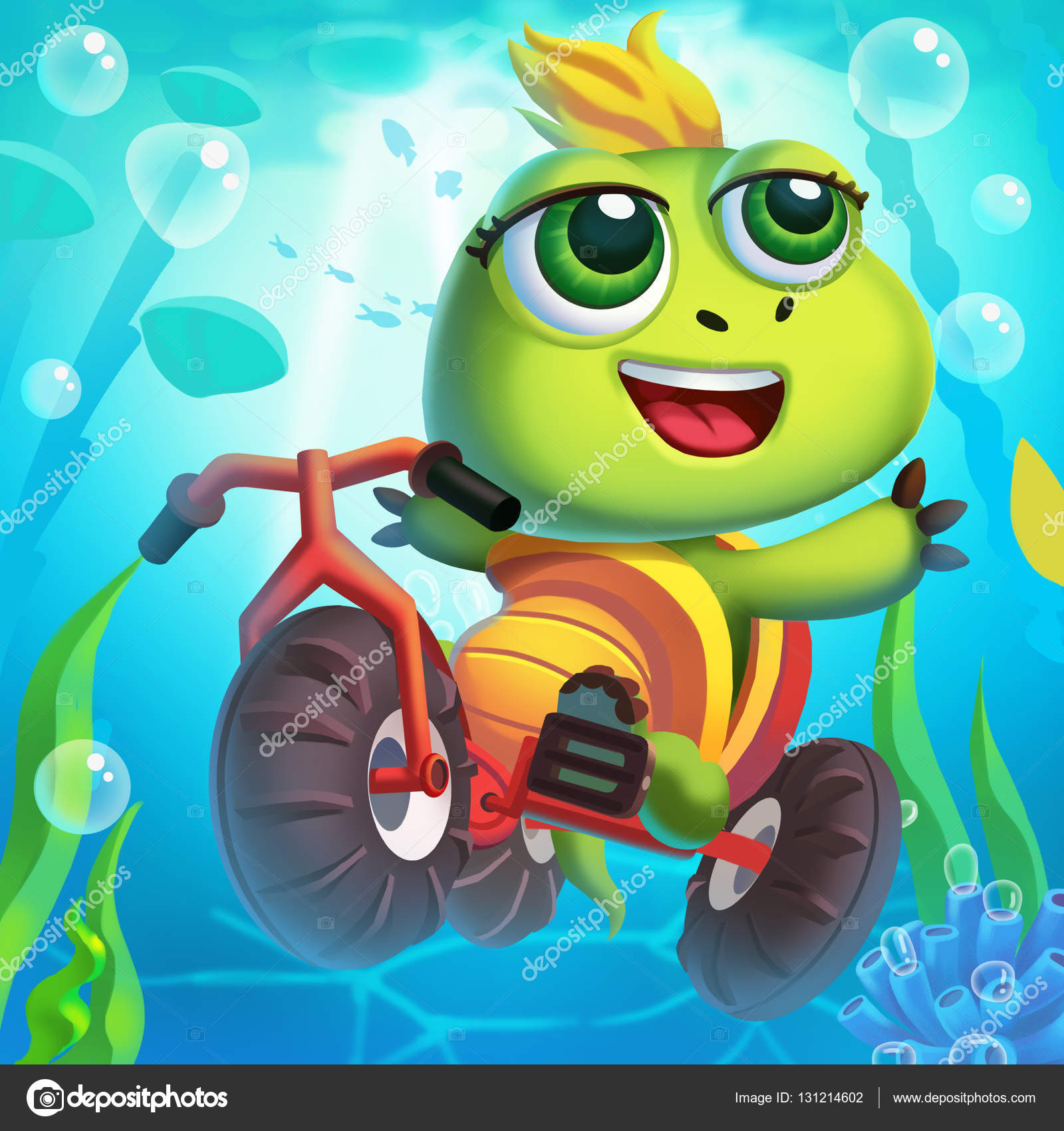 The Little Turtle Rides a Bicycle Underwater Stock Illustration by ...