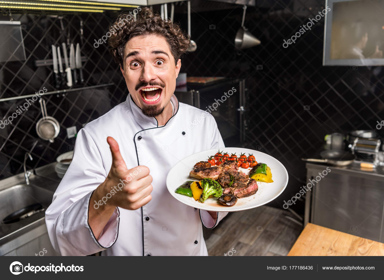 Screaming Smiling Chef Showing Thumb Holding Cooked Vegetables Meat ...
