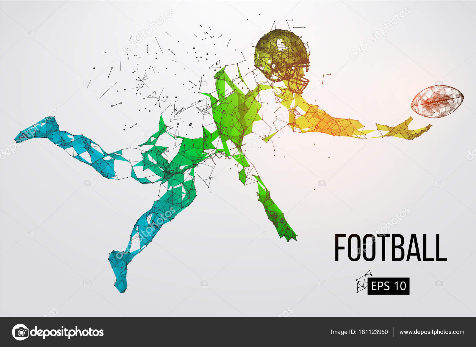Silhouette of a football player. Dots, lines, triangles, text, color effects and background on a ...