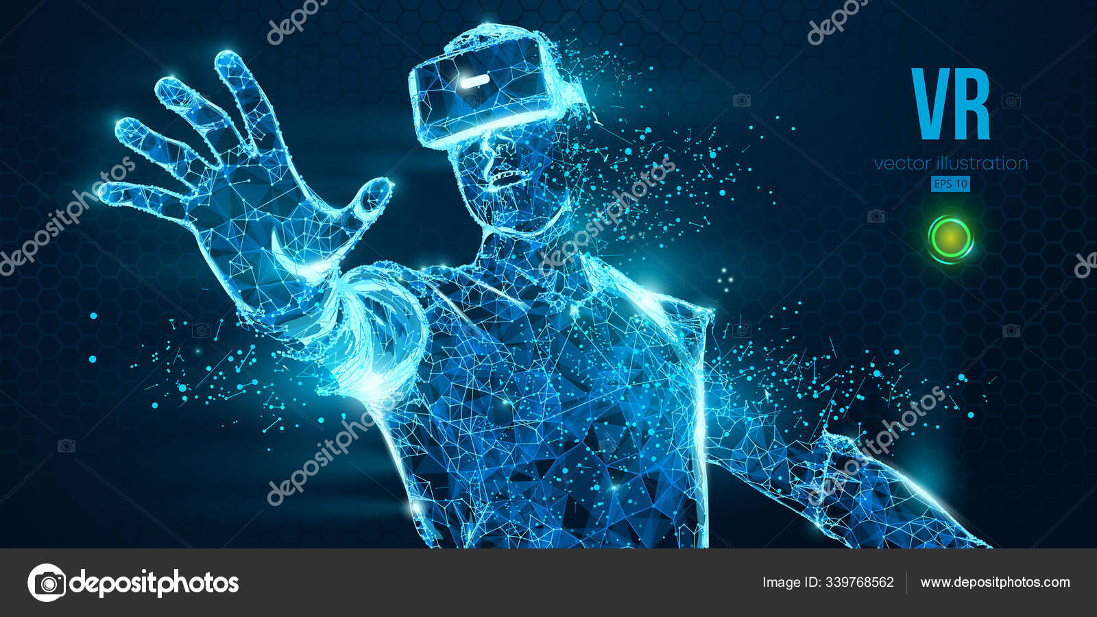 VR headset holographic low poly wireframe vector banner. Polygonal man ...