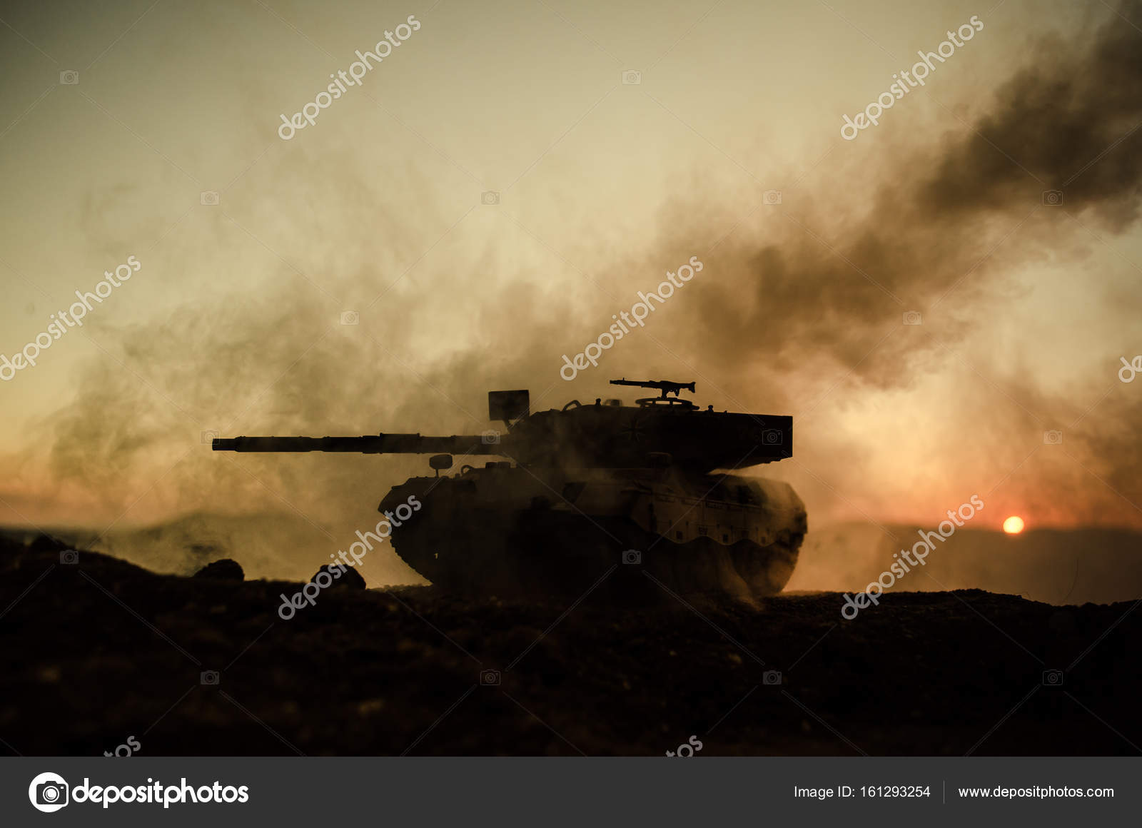 War Concept. Military silhouettes fighting scene on war fog sky ...