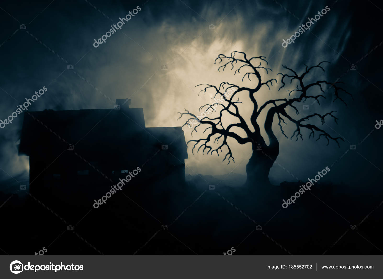 Old house with a Ghost at night with spooky tree or Abandoned Haunted ...