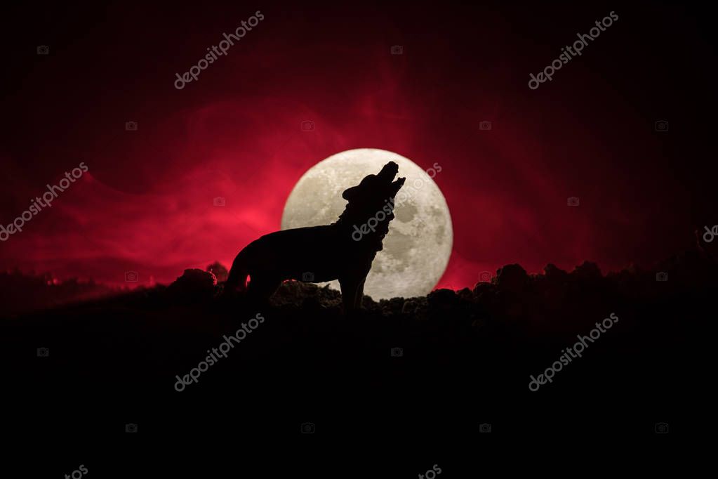 Siluet karanlık karşı uluyan kurt sisli arka plan ve dolunay ya da kurt ...