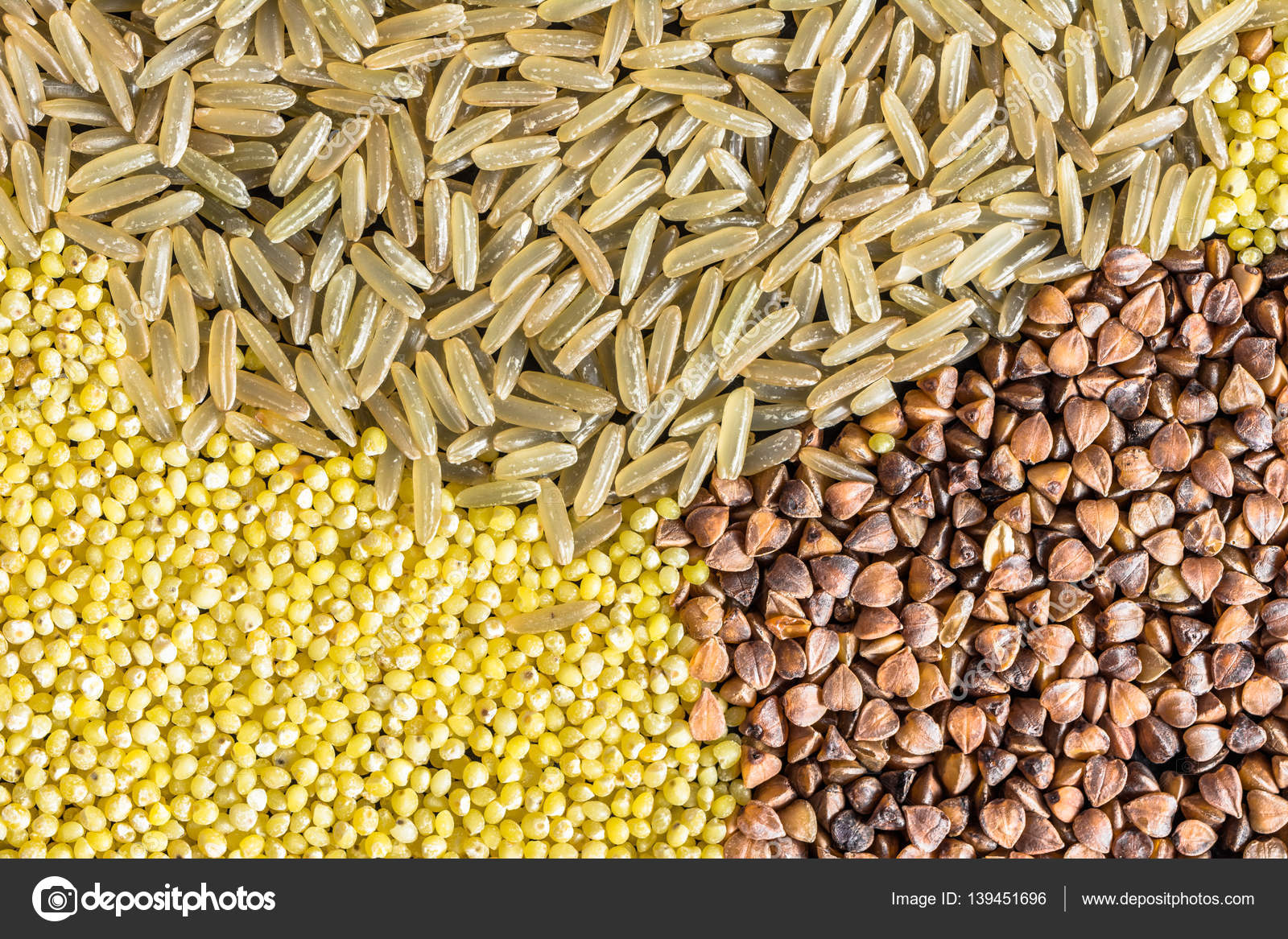 Various grain of cereal texture background - rice, millet buckwheat ...