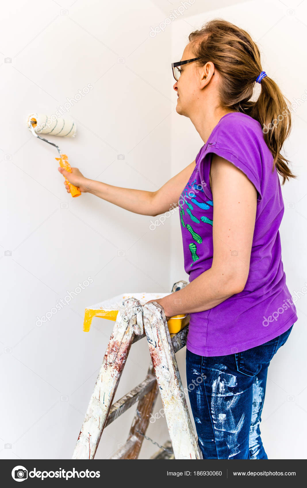 Woman Painter Working House Renovation Painting Wall Paint Brush ...