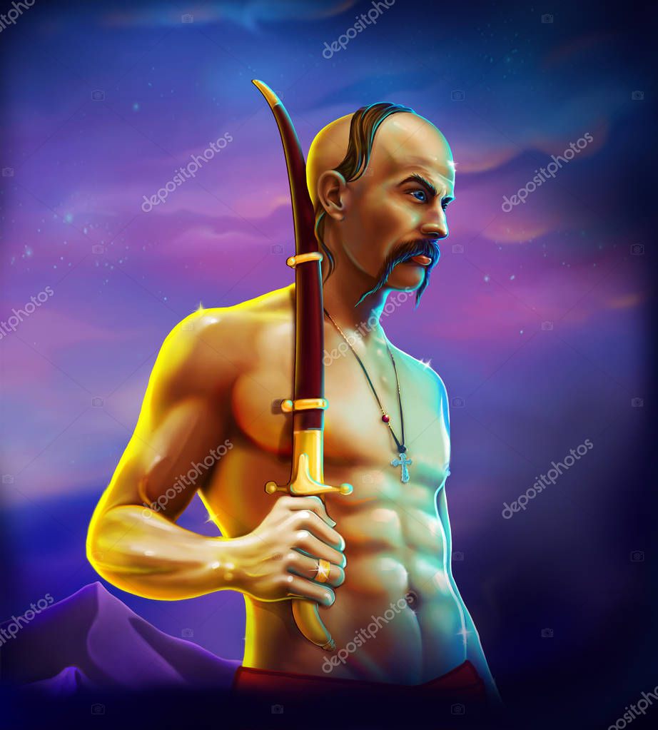 Un cosaco fuerte, valiente y valiente con un torso desnudo. Una ...