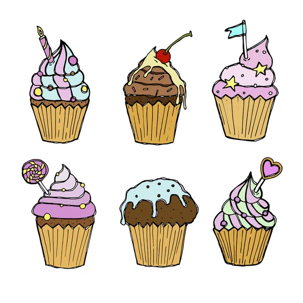 Set Cupcakes Black White Hand Drawn Illustration Cupcakes Decorated Cream Stock Vector Image by ...