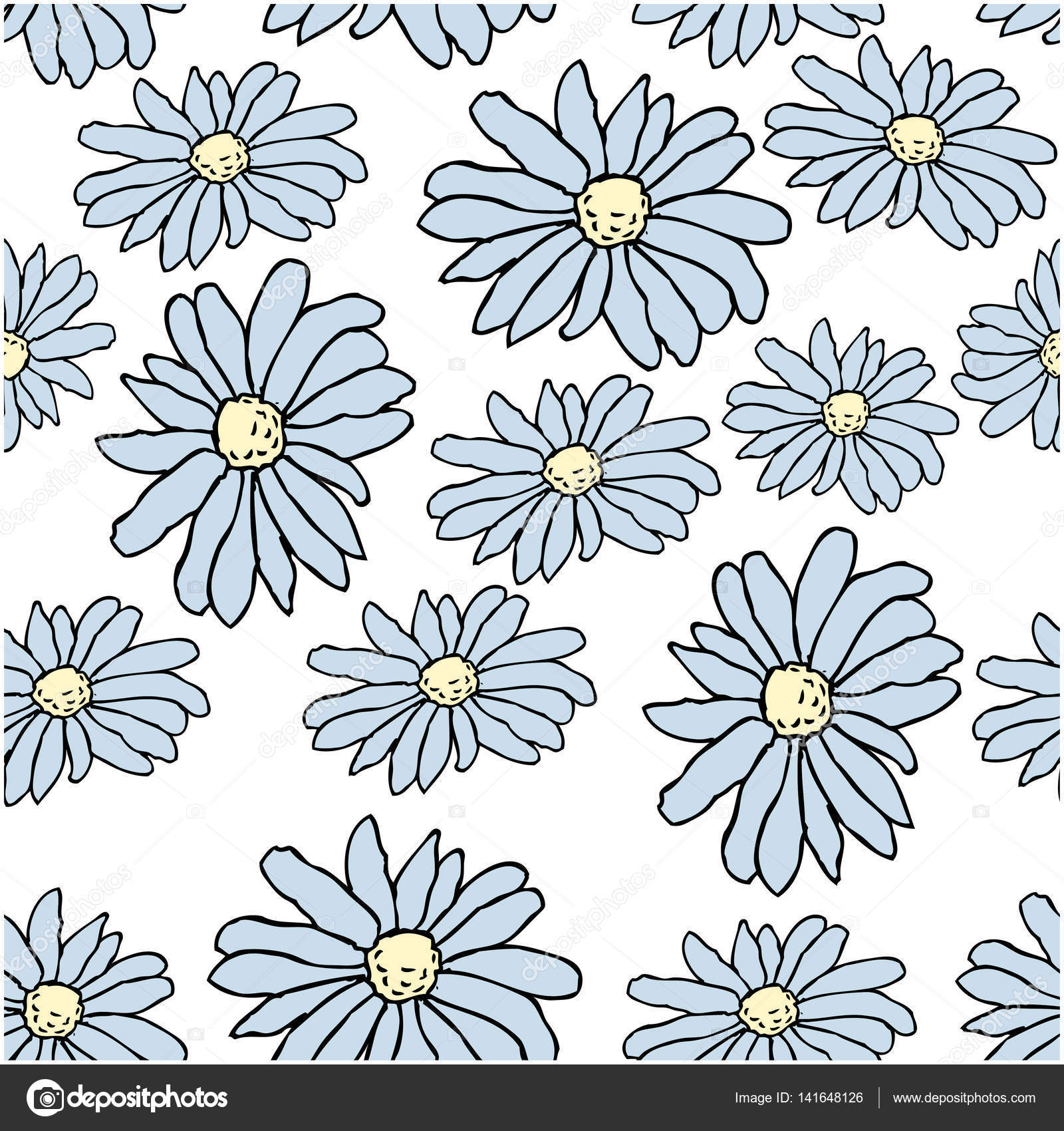 Beautiful blue daisy flowers on whote background. Seamless pattern ...