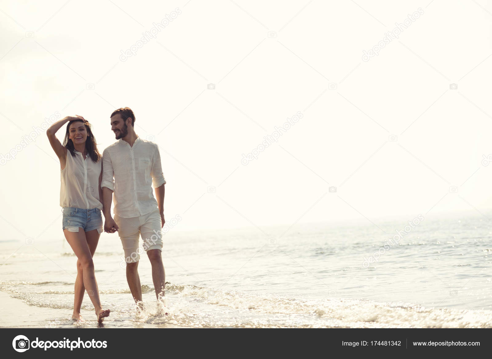 Happy Fun Beach Vacations Couple Walking Together Laughing Having Fun