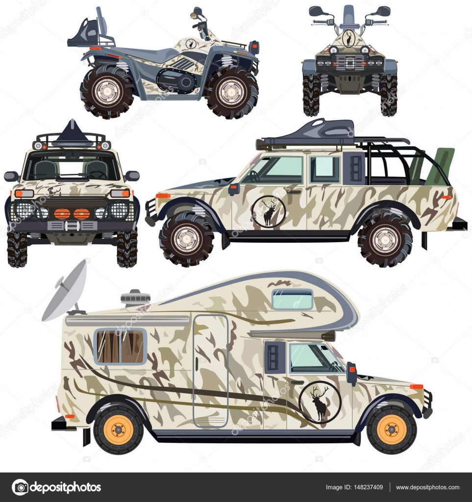 Vector set of land vehicles for travel and hunting in flat design Stock ...