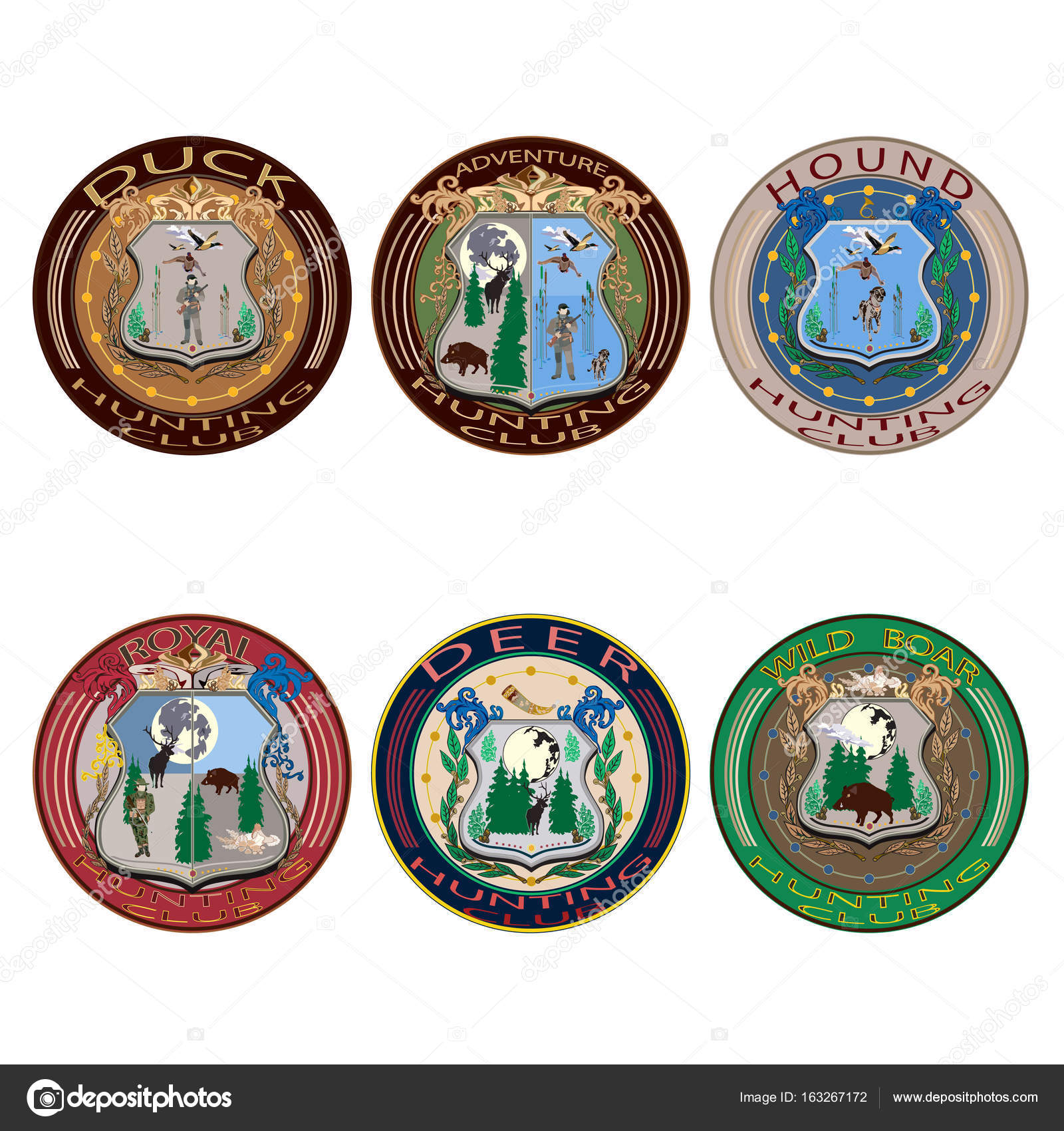 Vector hunting club labels, badges and logos flat set Stock Vector ...