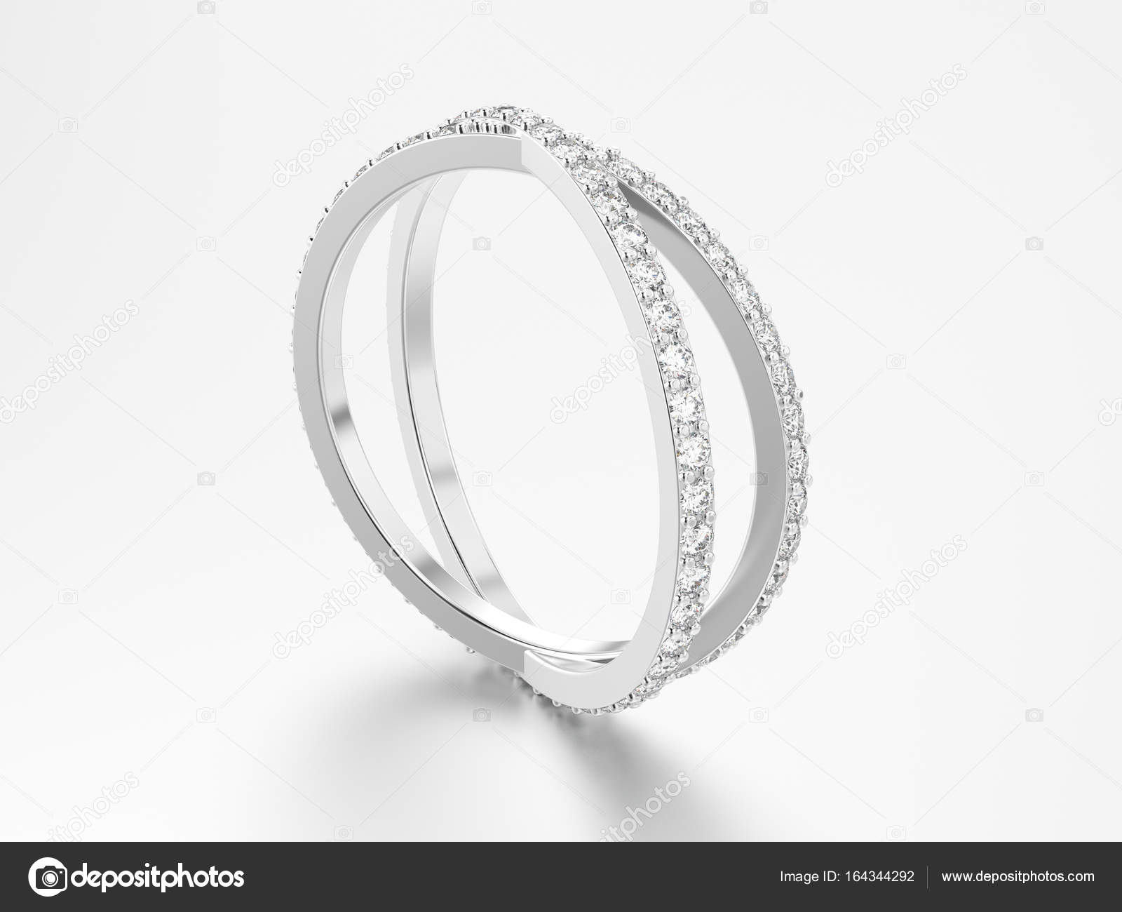 3D illustration white gold or silver two shanks diamond ring wit Stock ...