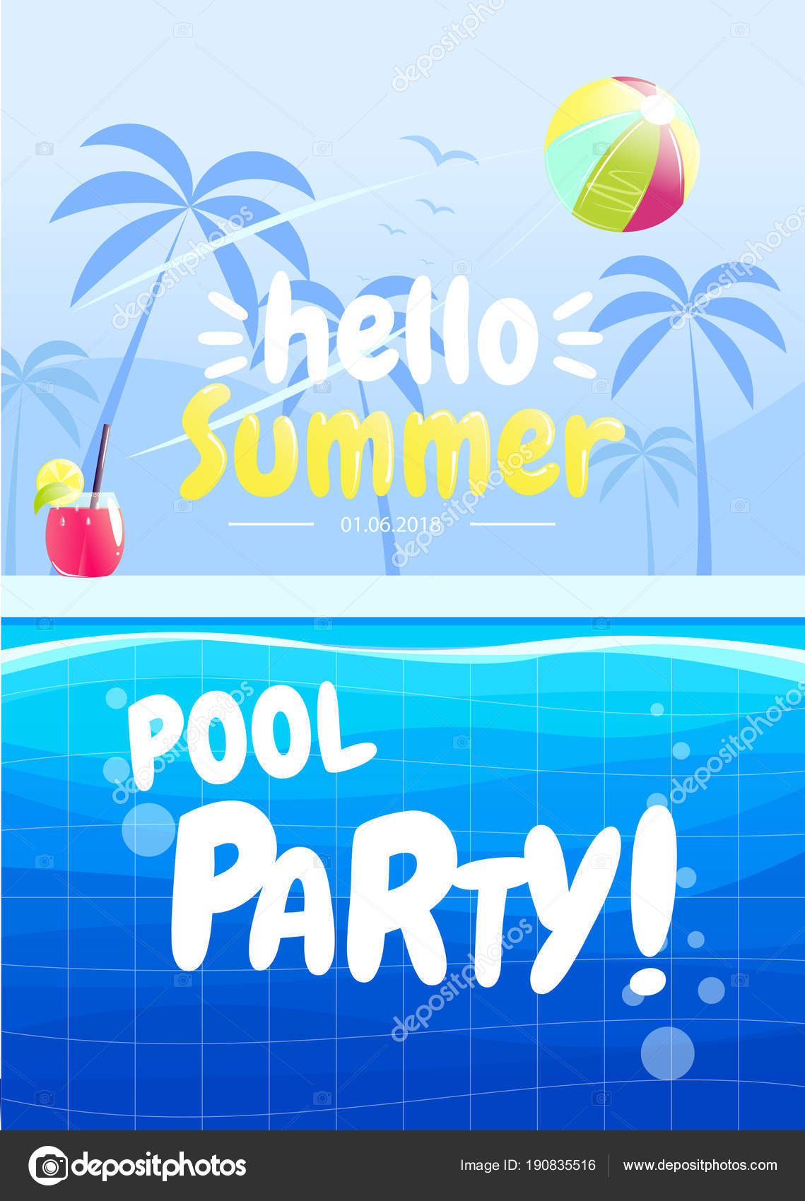 Hello summer party banner design. Swimming pool in the aquapark. Stock ...