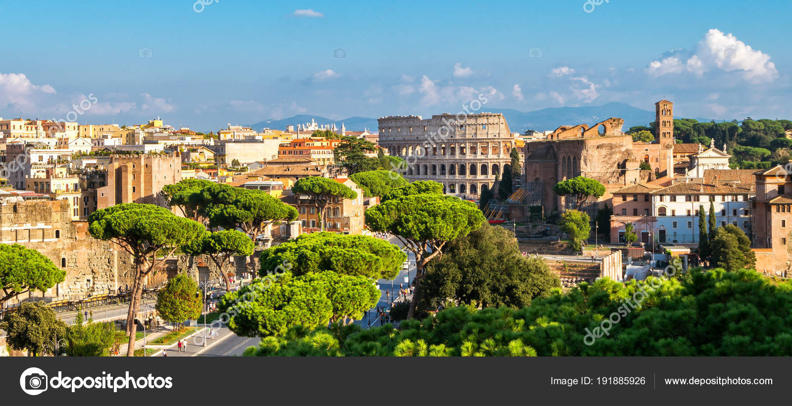 Rome Skyline with Colosseum and Roman Forum, Italy Stock Photo by ...