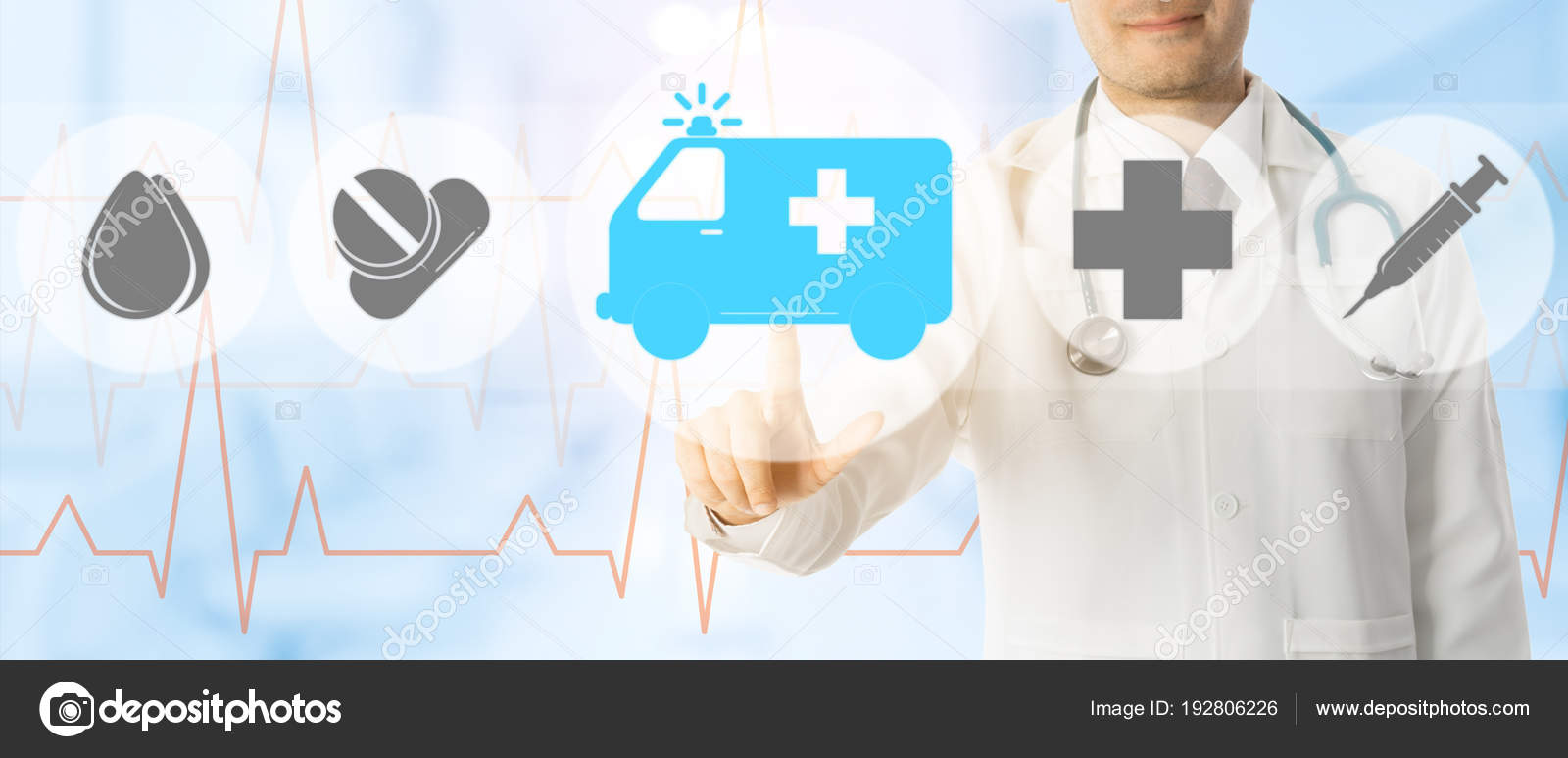 Doctor points at ambulance and emergency icon — Stock Photo ...