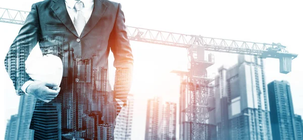 Future building construction engineering project concept with double ...